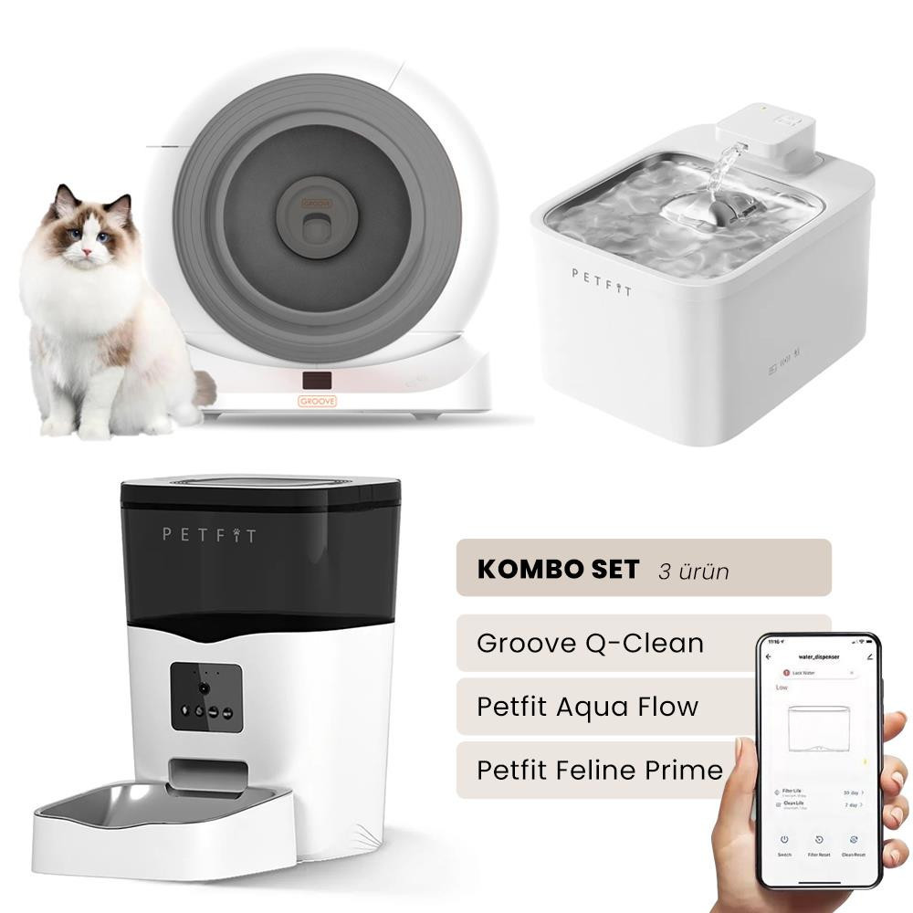 Groove Q-Clean Akıllı Otomatik Kedi Tuvaleti + Petfit Aqua Flow Akıllı Su Pınarı+Petfit Feline ...