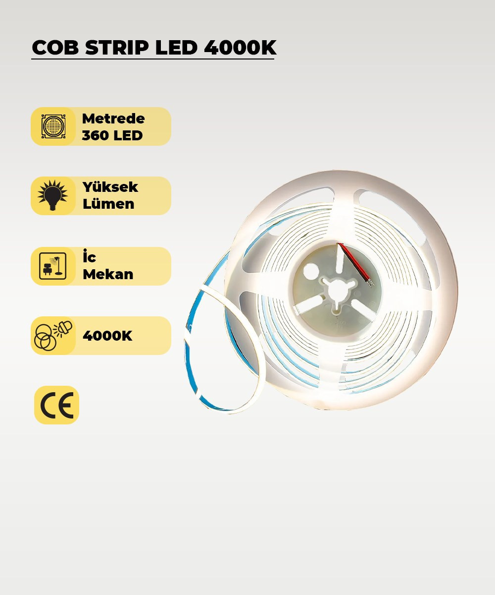 12V COB Şerit Led Günışığı Işık - Metrede 360 Led - 5 Metre - idefix