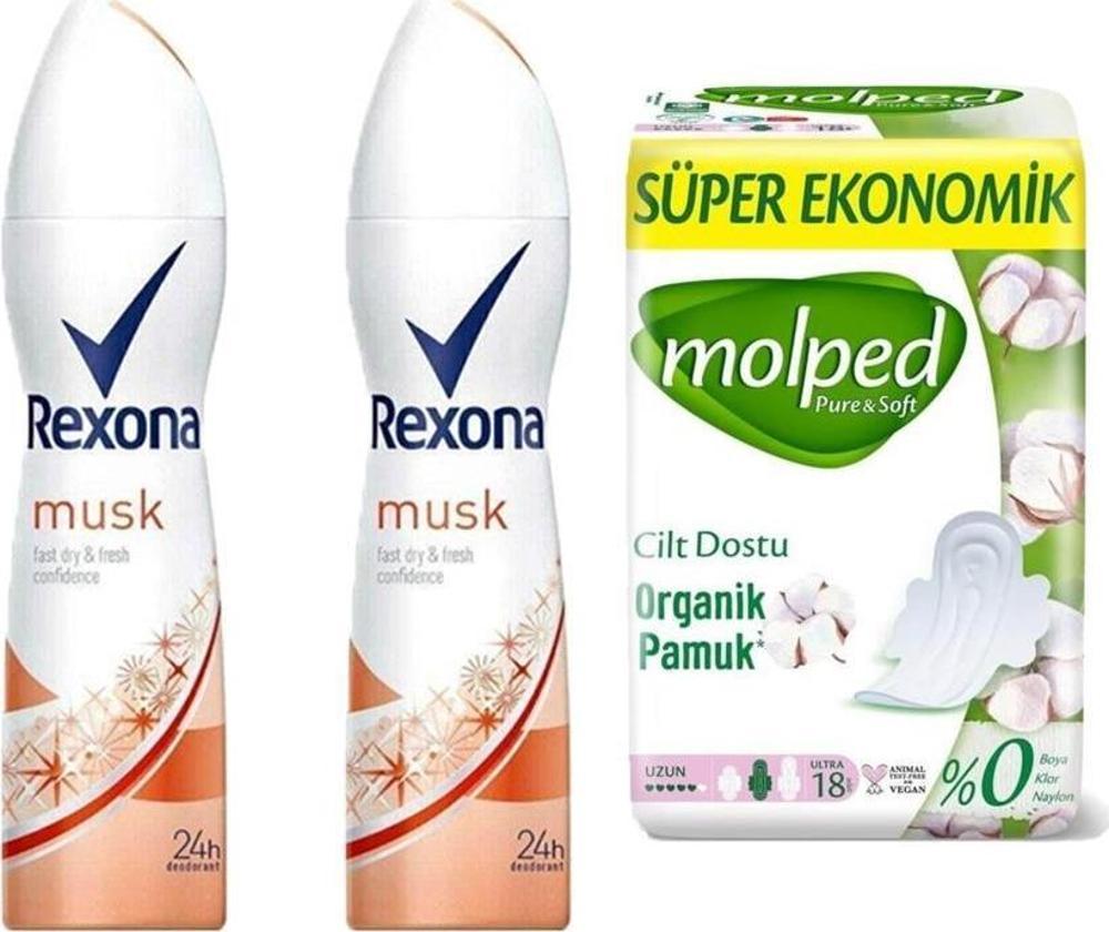 Rexona Kadın Deodorant Sprey Musk 150 ml X2 Adet + Molped Pure Soft Ultra Hijyenik Uzun 18li Ped ...