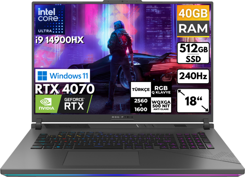 Asus ROG Strix G18 i9-14900HX 40GB 512 GB SSD RTX4070 18" WQXGA Windows 11 Pro G814JIR-N6002 ...