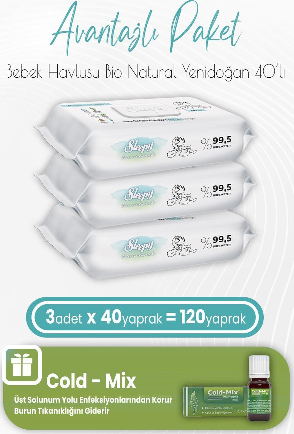 Sleepy Bio Natural Yenidoğan Islak Havlu 40 x 3 (120 Yaprak) ve İnhaler ...