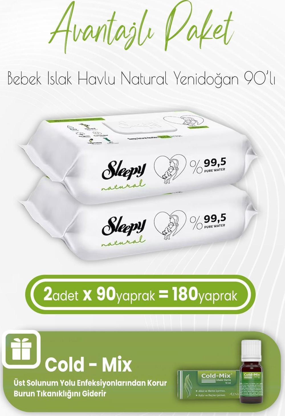 Sleepy Natural Yenidoğan Islak Mendili 90 x 2 (180 Yaprak) ve İnhaler ...