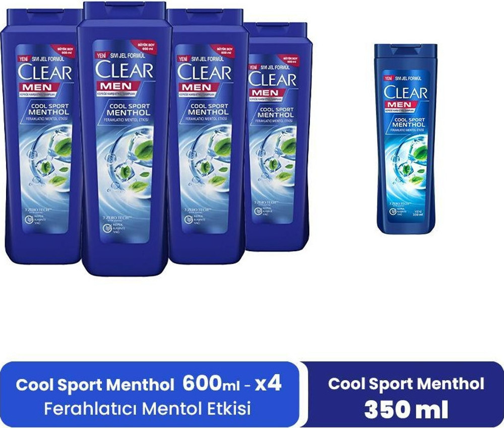 Clear Men Şampuan Cool Sport Menthol 600 ml x 4 ve Mentol Etkisi 350 ml ...