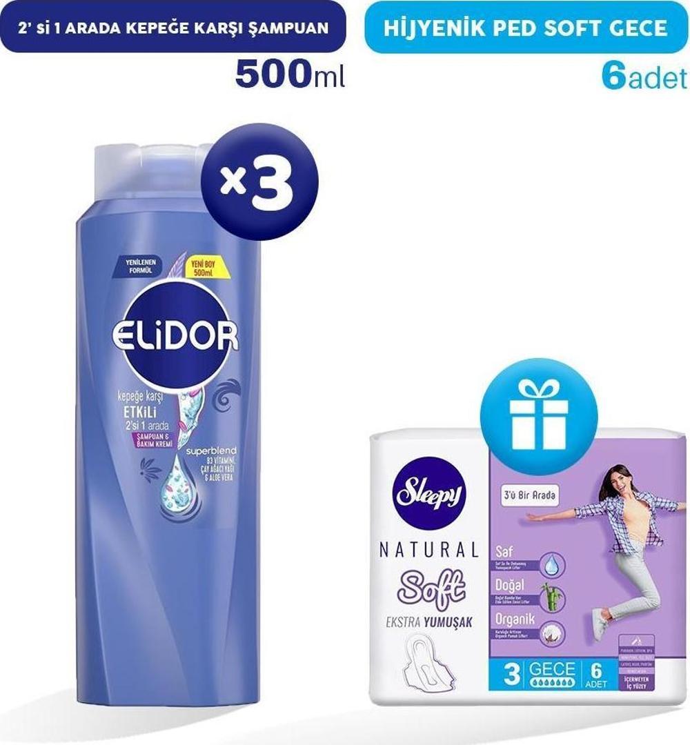 Elidor 2'si 1 Arada Şampuan Kepeğe Karşı Etkili 500 ml x 3, Hijyenik Ped Gece 6'lı Hediye - idefix