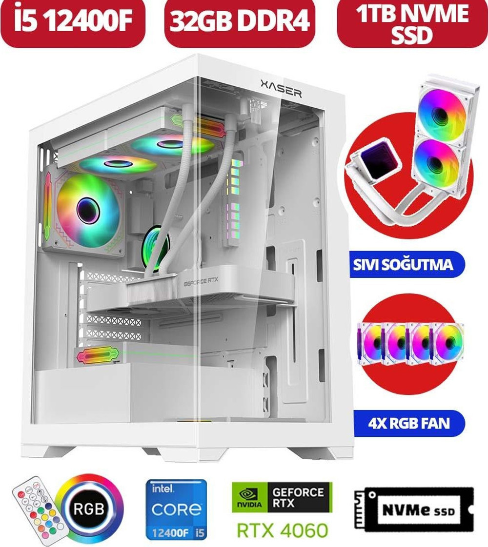 Xaser Delux III i5 12400F 32GB Ram 1TB M.2 NVMe SSD 8GB RTX4060 Sıvı ...