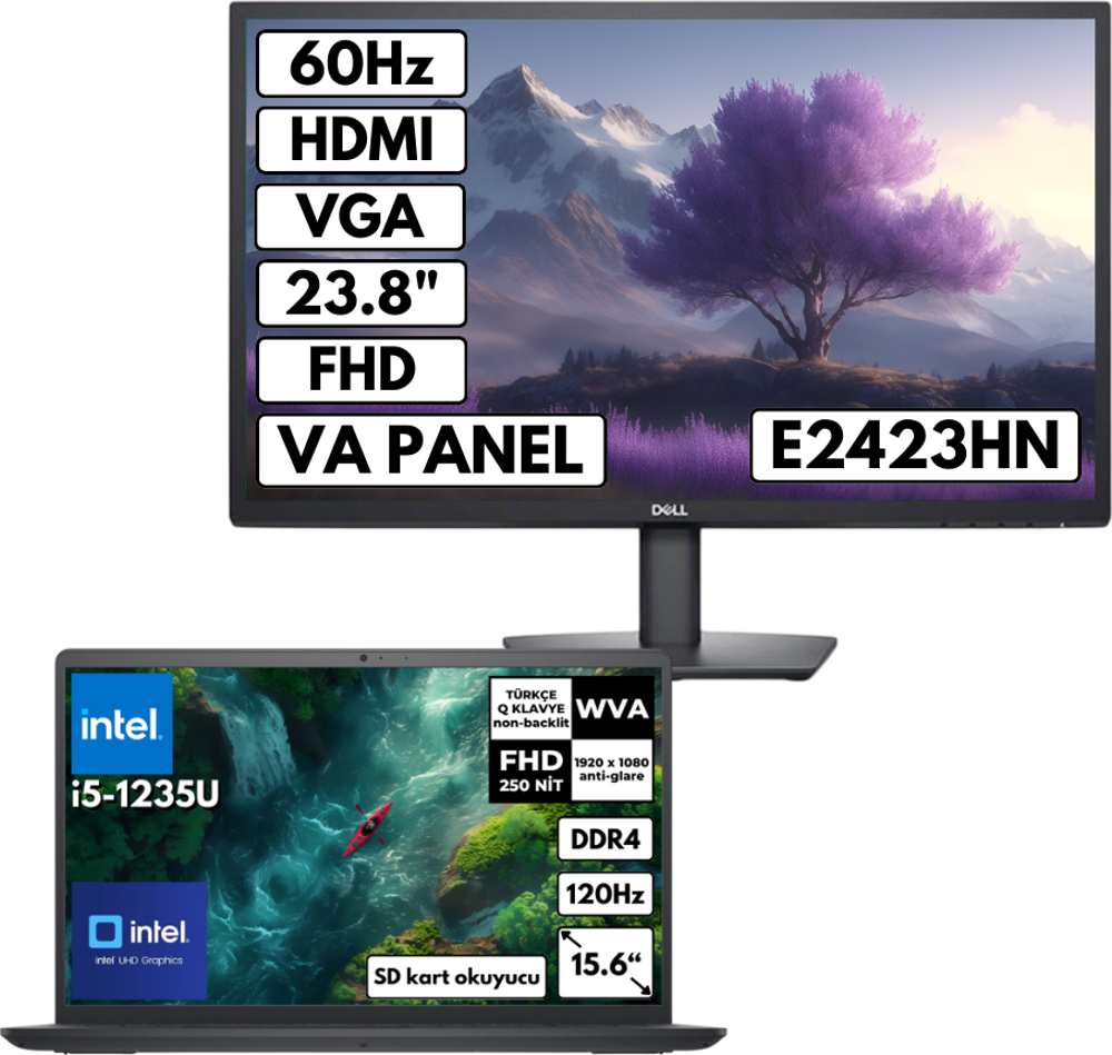 Dell Inspiron 3520 i5-1235U 48GB 512GBSSD 15.6" W11Home + Monitör 23.8 ...