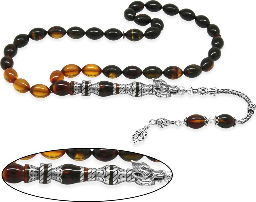 925 Ayar Gümüş Nakkaş İmameli Kurt Başı Tasarım Süzme Bala-Siyah Ateş ...