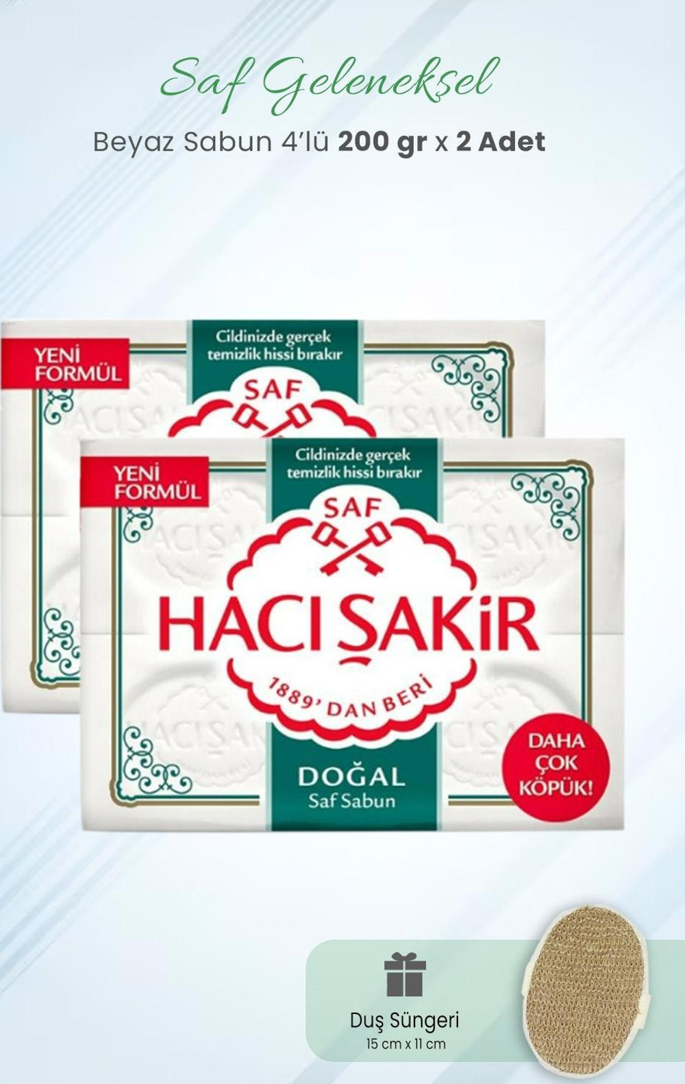 Hacı Şakir Saf Geleneksel Beyaz Sabun 800 gr x 2 Adet ve Duş Süngeri