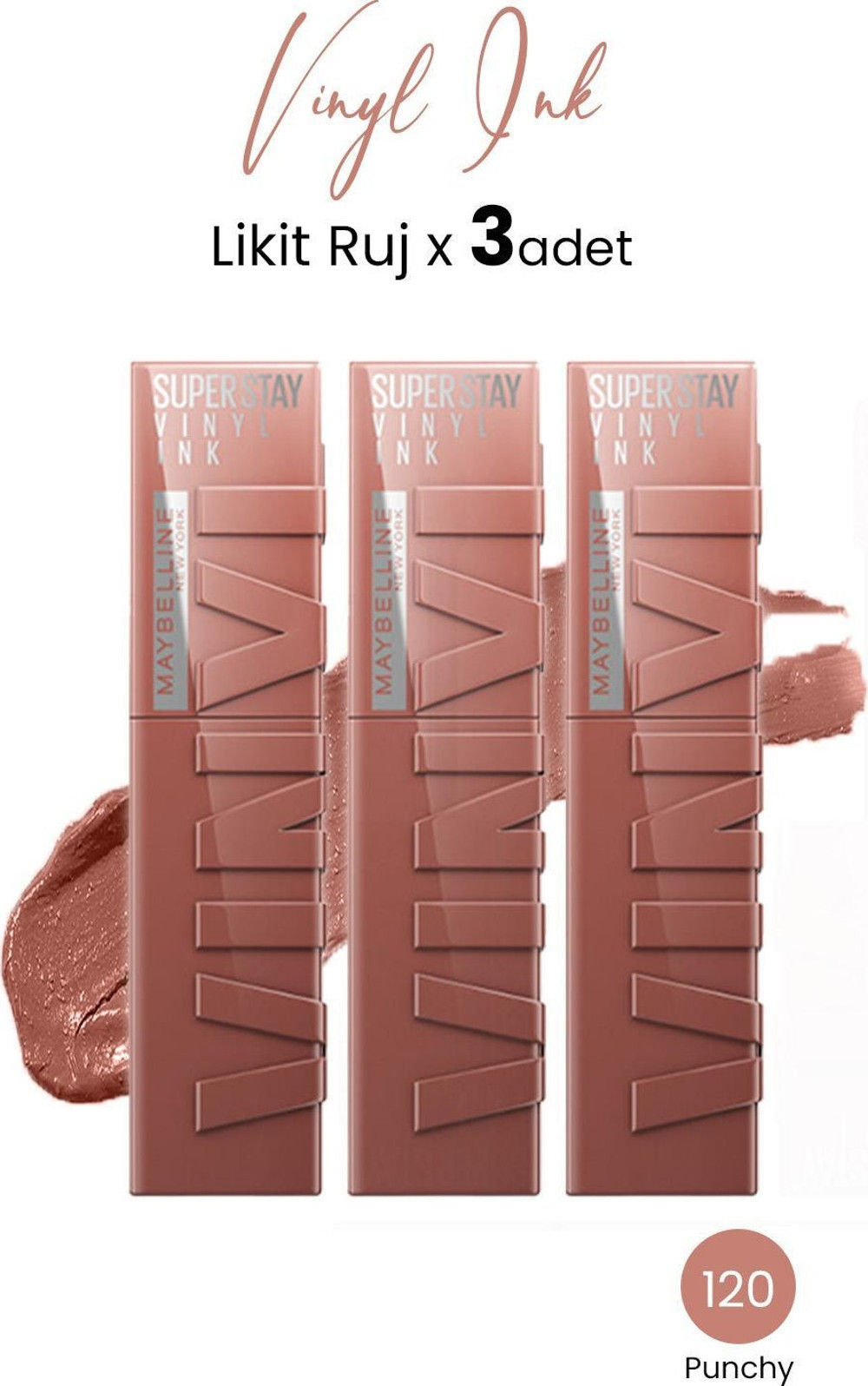 Maybelline New York Super Stay Vinyl Ink Likit Ruj 120 Punchy x 3 adet ...
