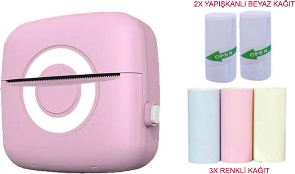 Mini Cep Yazıcı Pembe + 2 Adet Beyaz + 3 Adet Renkli Kağıt - idefix