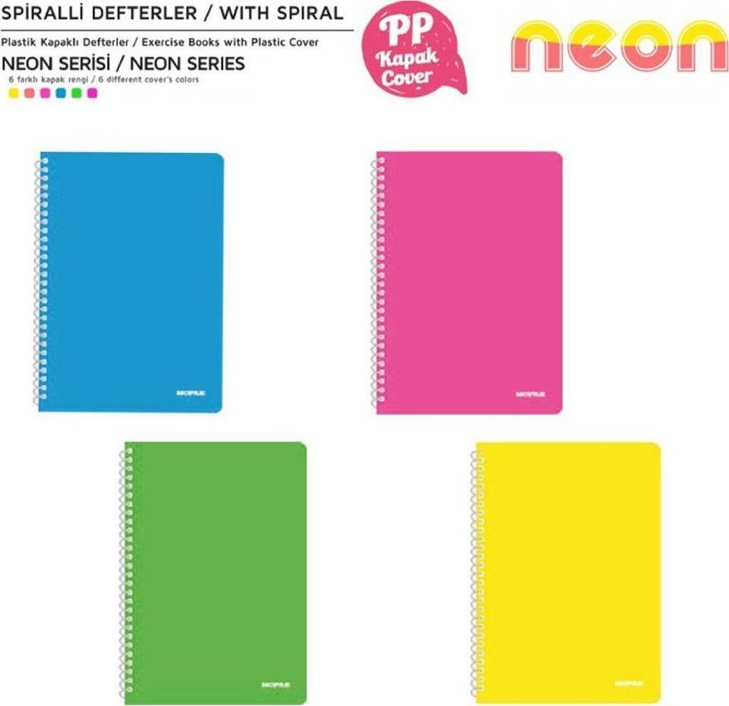 Mopak Neon Serisi A4 Spiralli PP Kapak Defter 72 Yp Kareli 4'LÜ - idefix