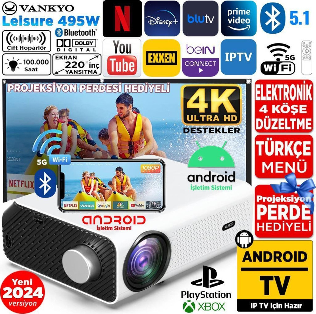 Vankyo Leisure 495W Android TV 4K Destekli Projeksiyon Cihazı 5GWi-Fi+5 ...