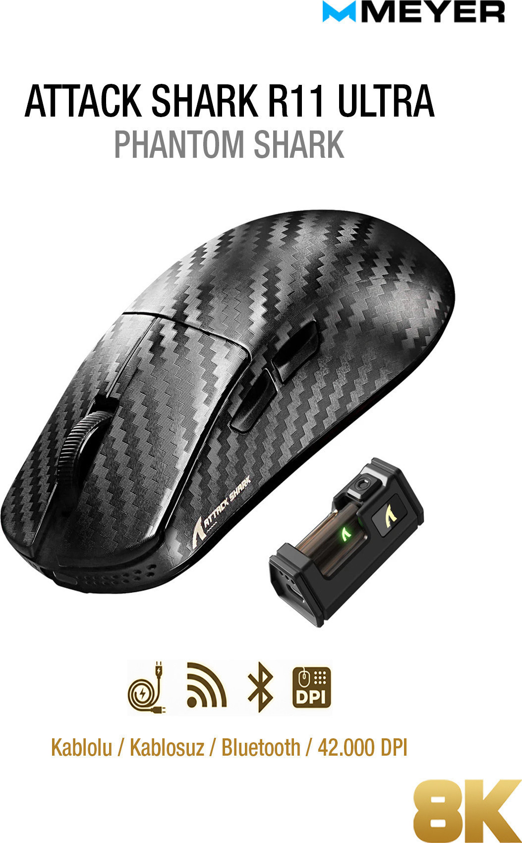 Meyer Gaming Attack Shark R11 Ultra Carbon Fiber 8K Kablosuz Gaming Mouse