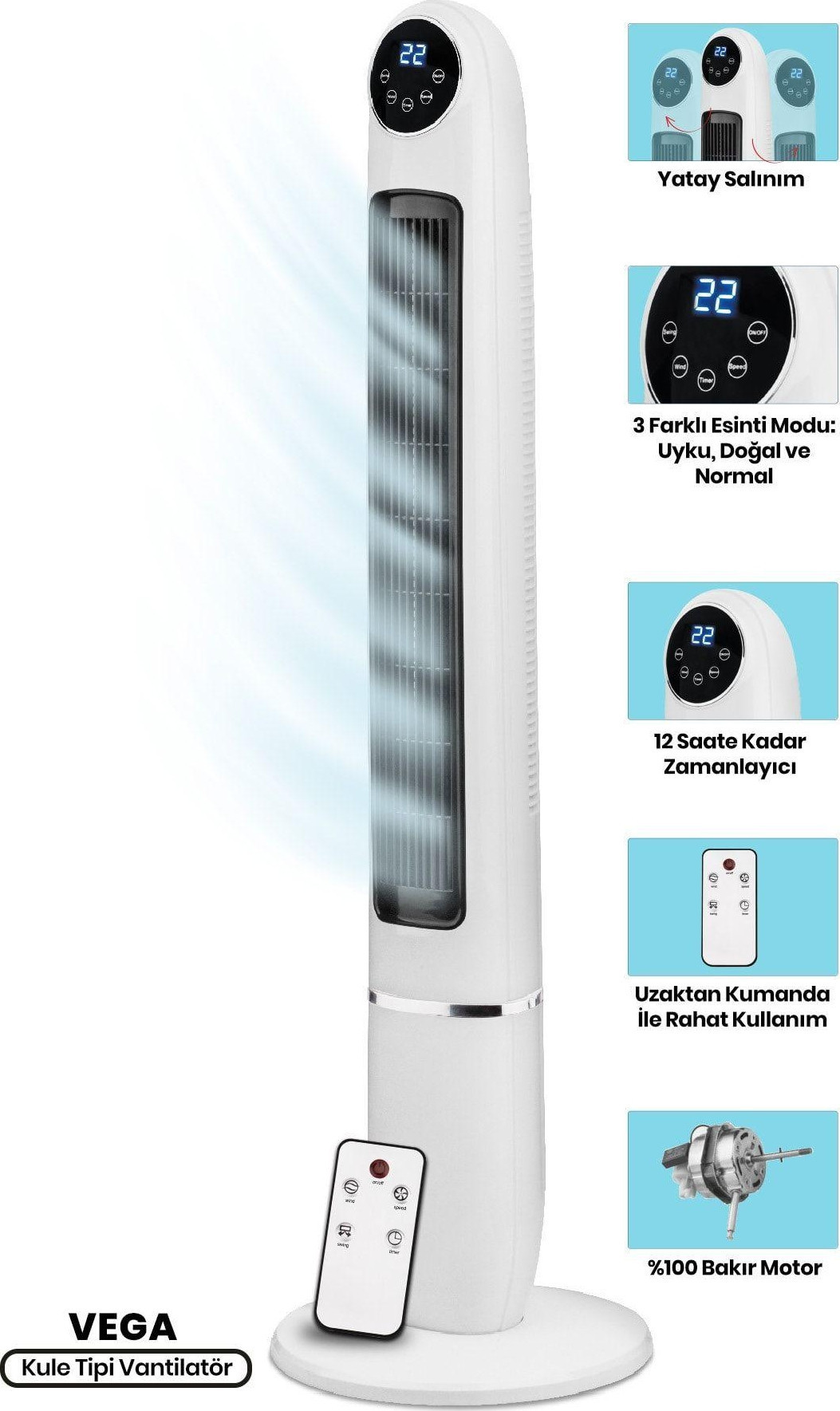 Goldmaster Vega Bakır Motorlu Hız Ve Zaman Ayarlı Salınımlı Uzaktan Kumandalı Kule Tipi ...