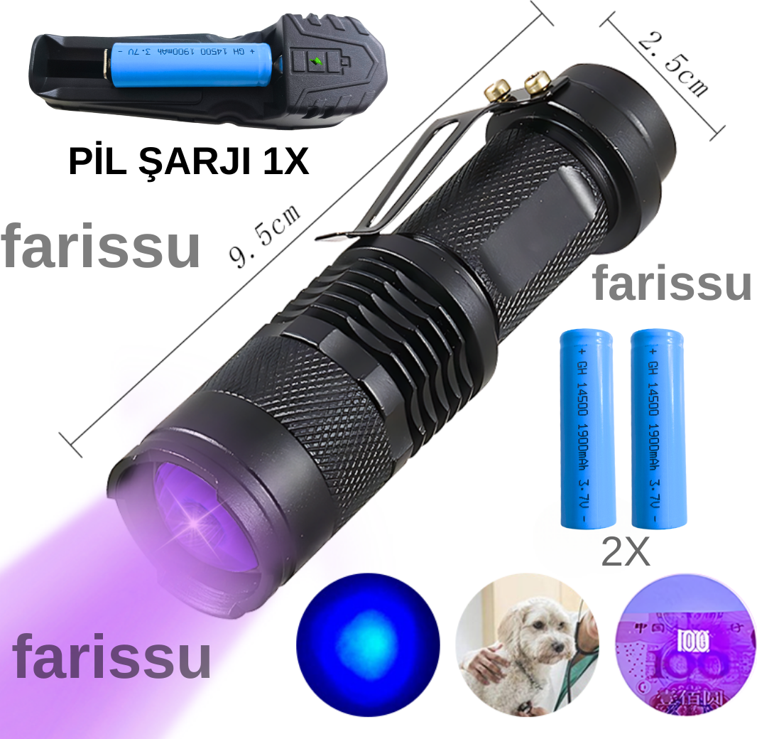 Gold Orion OR-90 UV Mor Işık El Feneri | 1900 mAh Şarjlı | 2 Pil + Şarj ...