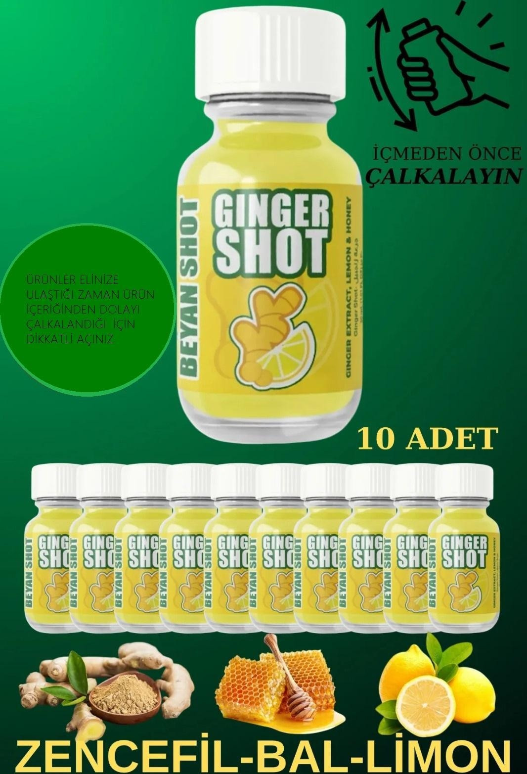 Beyan Herbs Ginger Shot Doğal Bitkisel (Zencefil-Limon-Bal Efsane Karışım) CAM ŞİŞE 10 Adet x 1 ...
