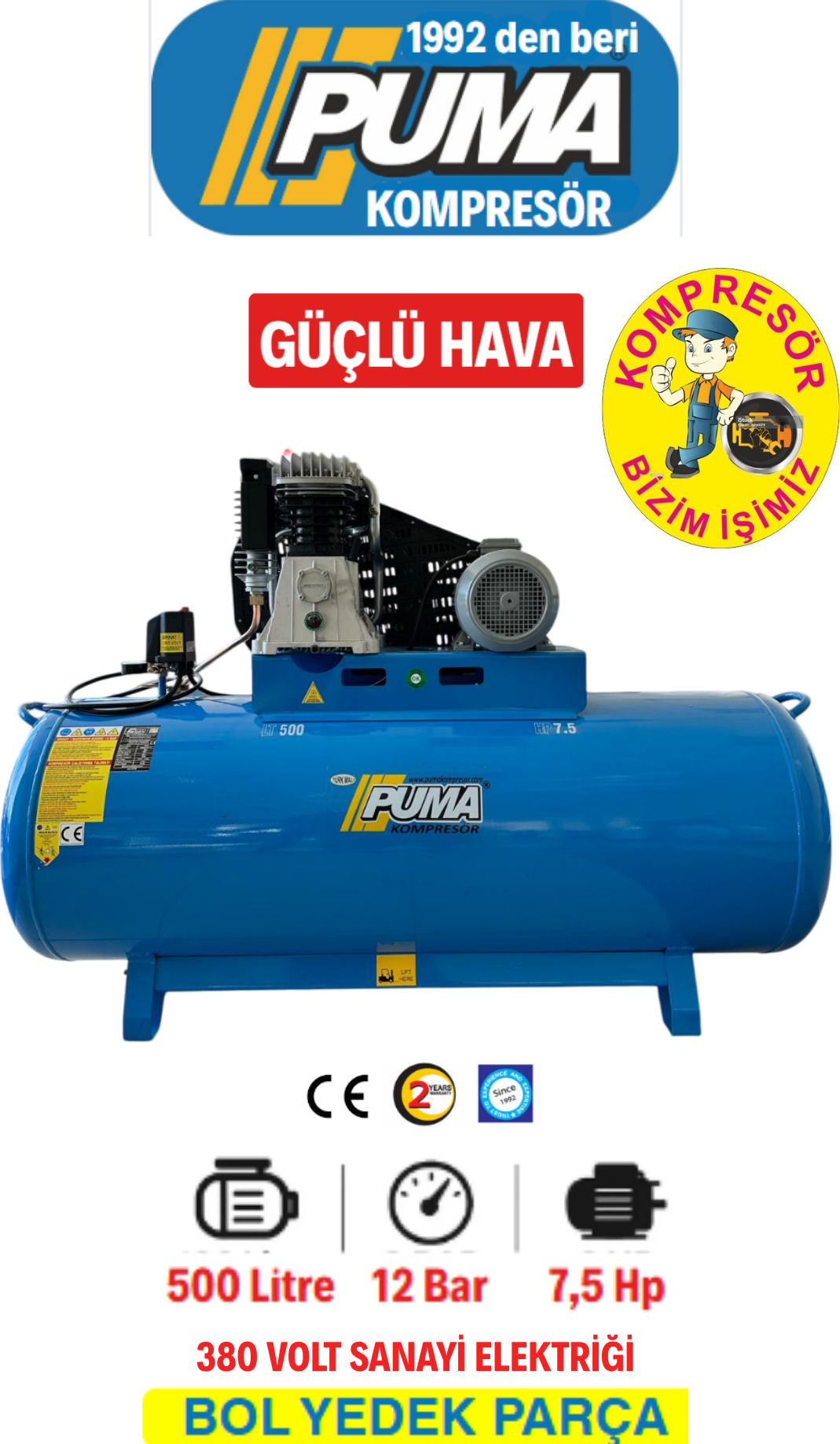 Puma 500 Lt 7.5 HP HAVA KOMPRESÖRÜ İTALYAN ALÜMİNYUM KAFALI 12 BAR, 380 ...