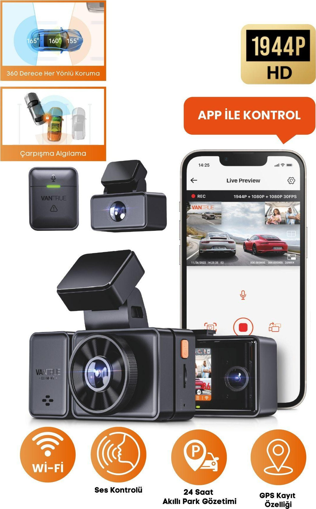 Vantrue Element 3 Araç İçi Kamera Seti (Çift Ön Kamera+ Arka Kamera ...