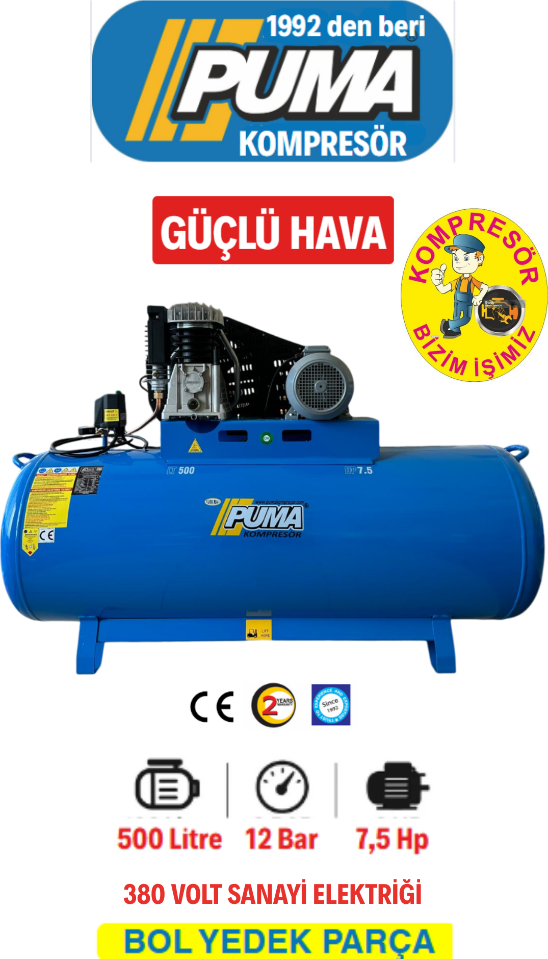 Puma 500 Lt 7.5 HP HAVA KOMPRESÖRÜ, İTALYAN ALÜMİNYUM KAFALI 12 BAR ...
