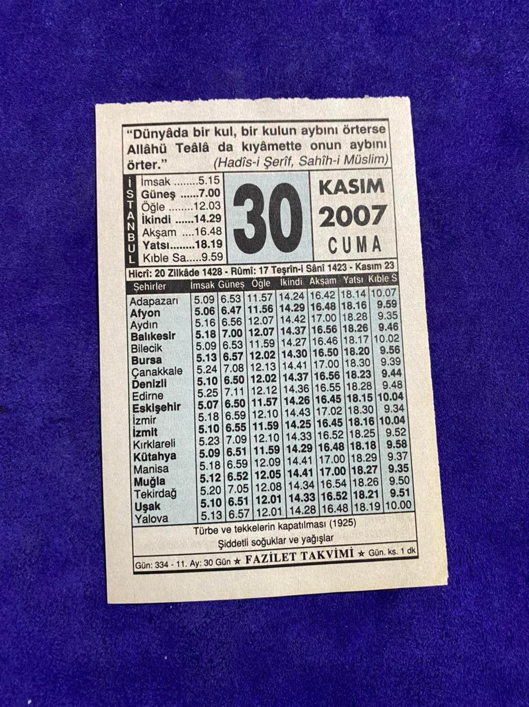 30 Kasım 2007 Takvim Yaprağı - Nostalji Koleksiyonluk Takvim Yaprağı ...