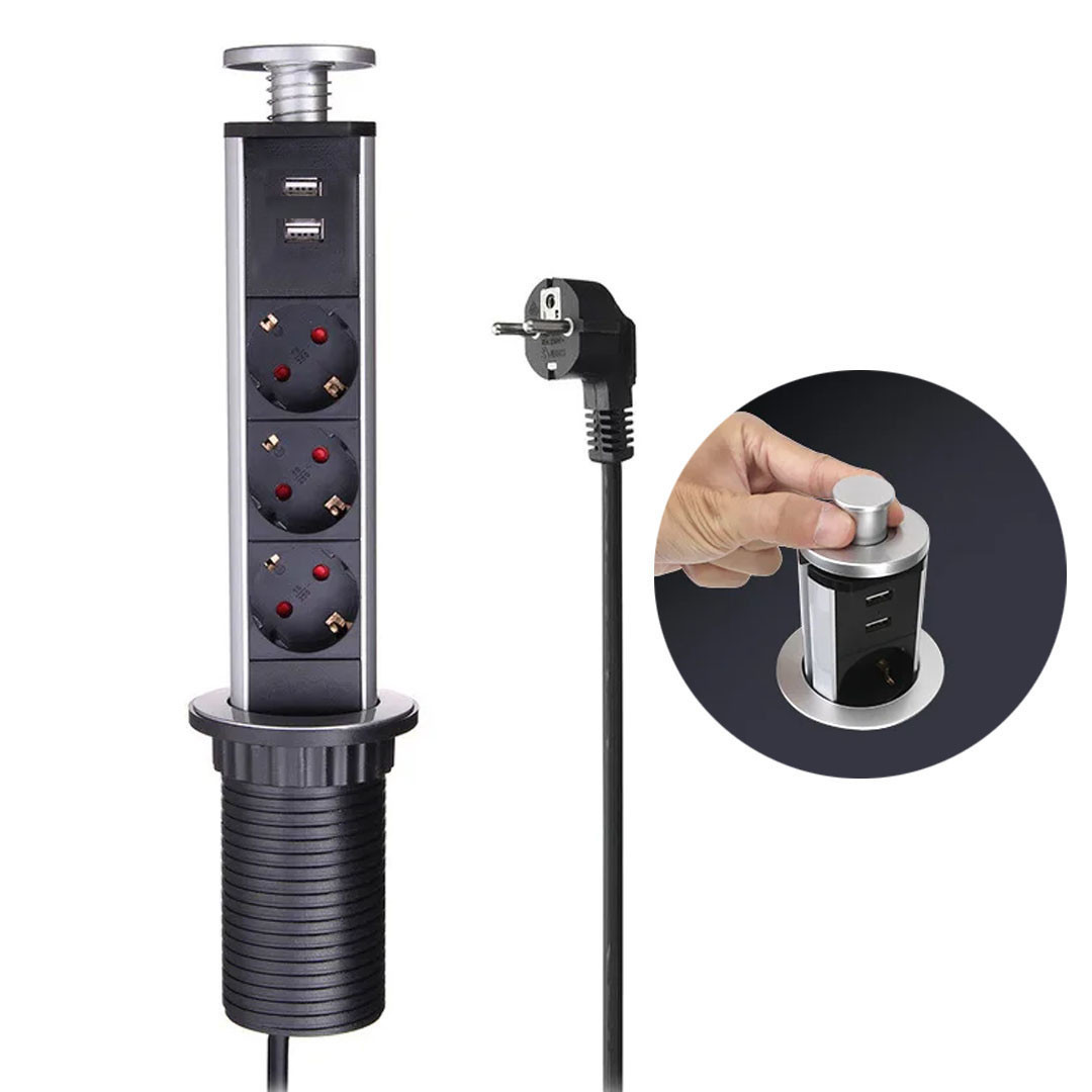 Vea Üçlü 1.5 Metre Kablolu İki USB’li 60mm Masaüstü Bas Aç Masa Prizi ...