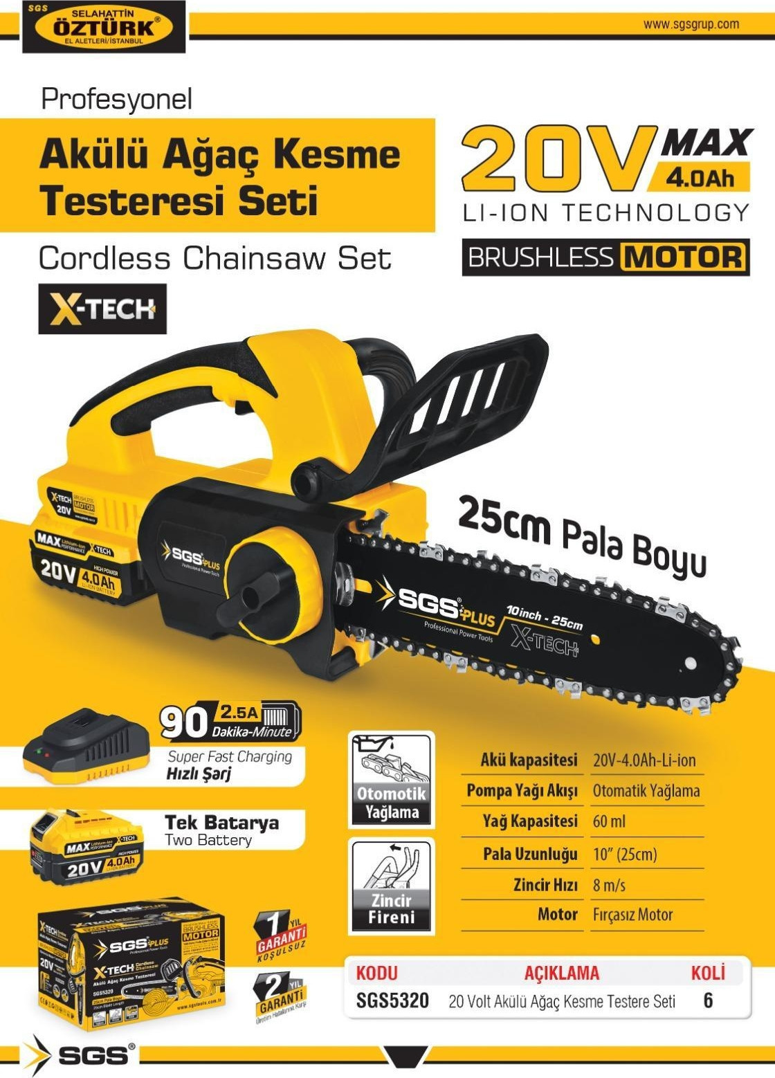 SGS5320 - 20 Volt 4 Amper Profesyonel Akülü Ağaç Kesme Budama Testere ...