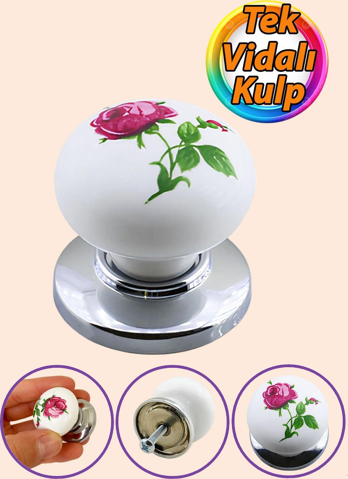 Pembe Gül Desenli Beyaz Polimer Düğme Kulp Krom Tablalı Mobilya Mutfak ...