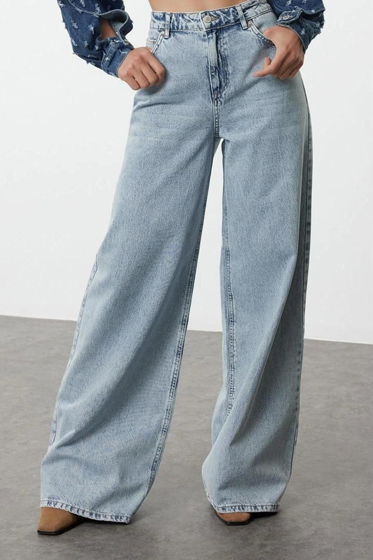 Stil Kadın Moda Denim Kot Pantolon Uzun Geniş Paça Yüksek Bel Ekstra ...