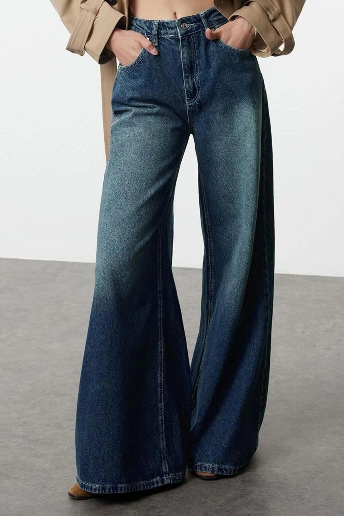 Stil Kadın Moda Denim Kot Pantolon Uzun Geniş Paça Mavi Yüksek Bel ...