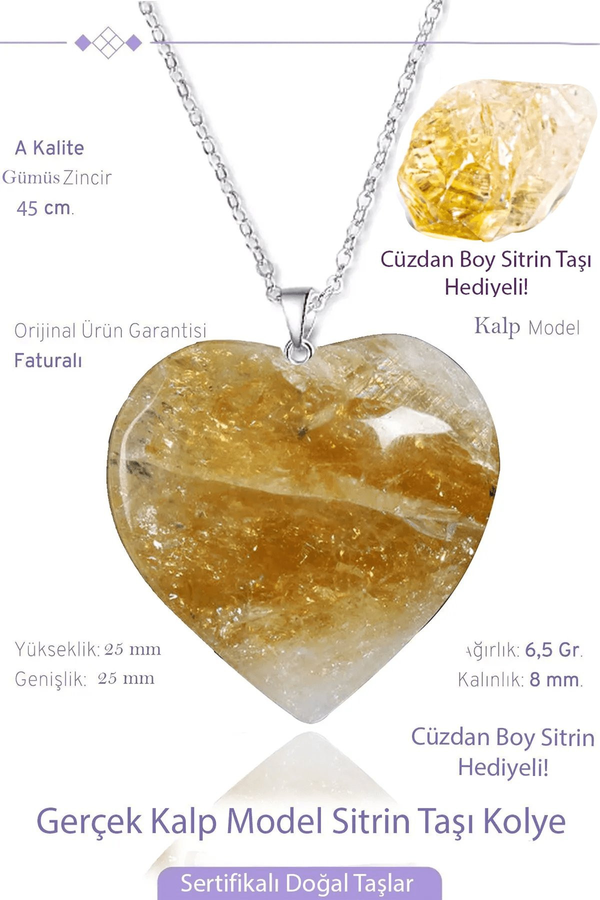 Sertifikalı Gerçek Kalp Model Sitrin Taşı Kolye (Bereket Taşı) - idefix