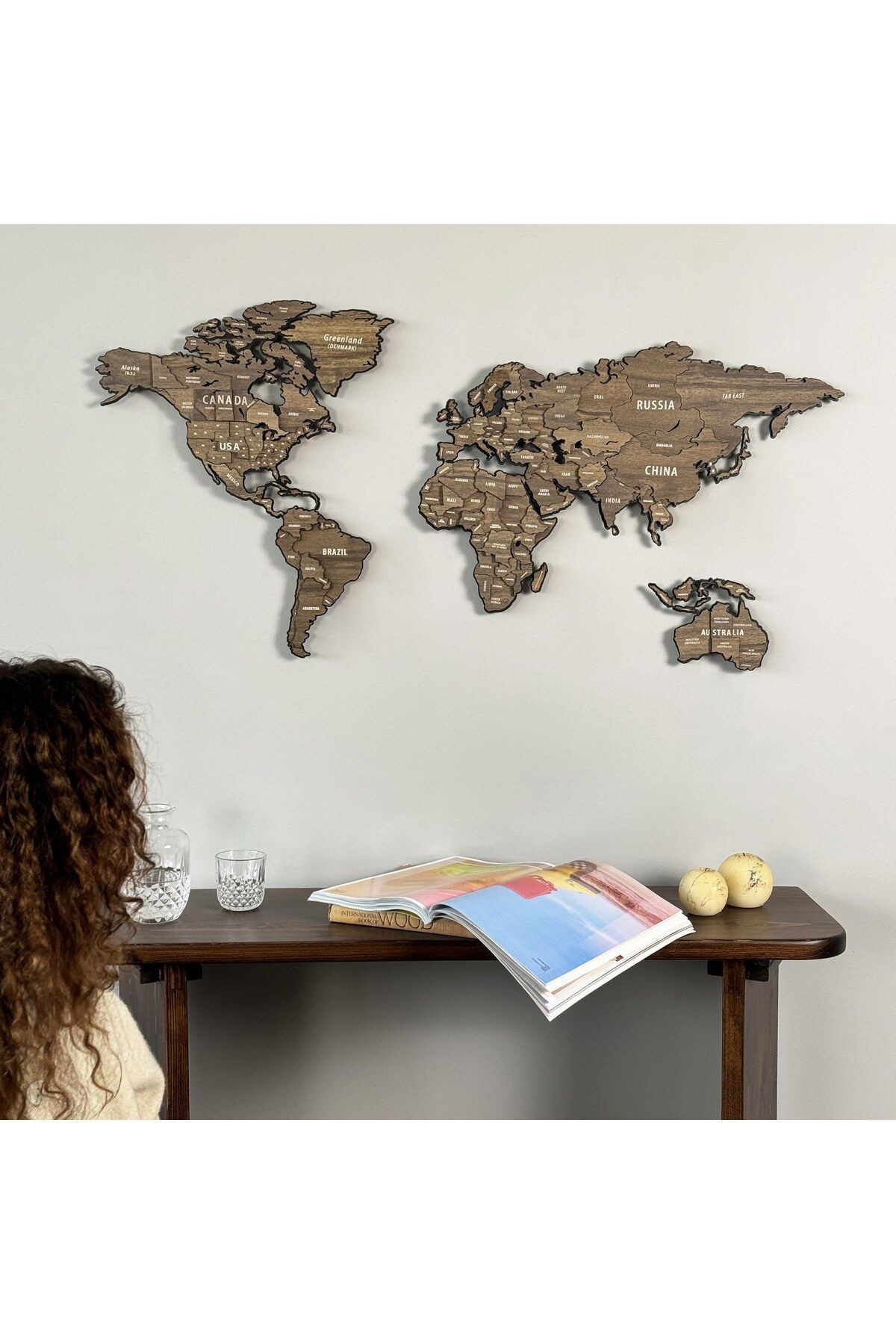 Colorfull Worlds 3D Metal Üzeri Ahşap Dünya Haritası, Ahşap Duvar ...