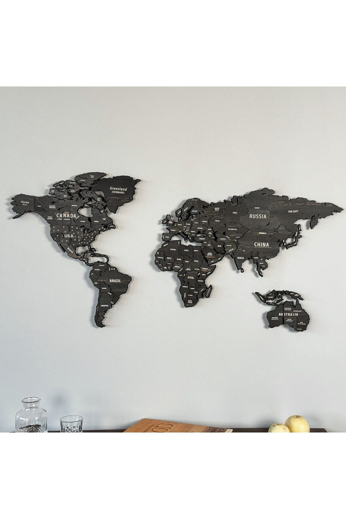 Colorfull Worlds 3D Metal Üzeri Ahşap Dünya Haritası, Ahşap Duvar ...