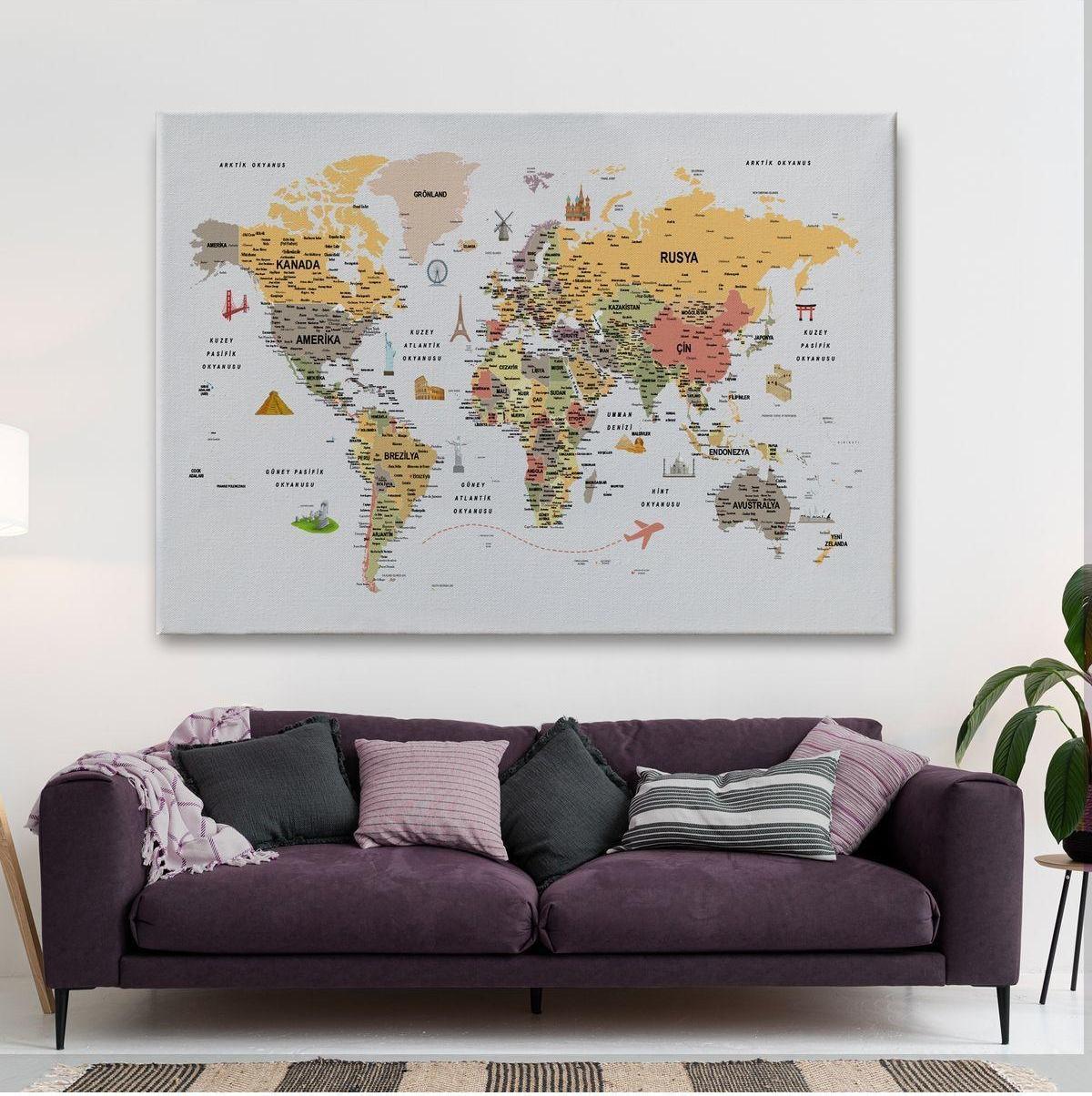 Ena Unity Türkçe Dünya Haritası Çok Detaylı Ünlü Yerler Sembollü Kanvas ...