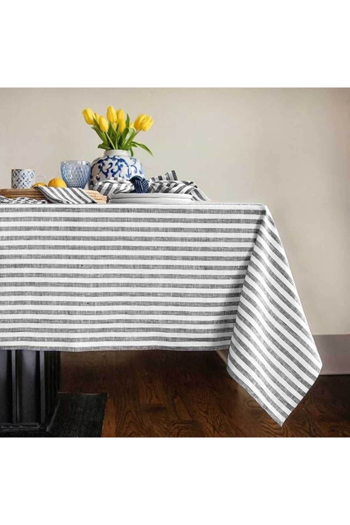 Home Art Atelier Hand Made Gri Cizgili Ham Pamuk Keten Masa Örtüsü - idefix