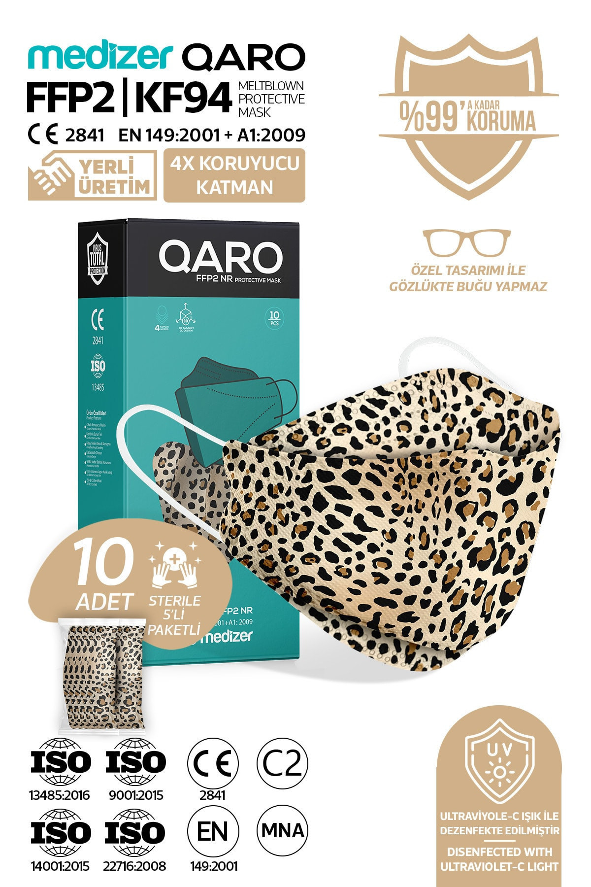 Medizer Qaro Leopar Desenli 4 Katlı Kore Tipi Kf94 Ffp2 Maske 10 Adet ...
