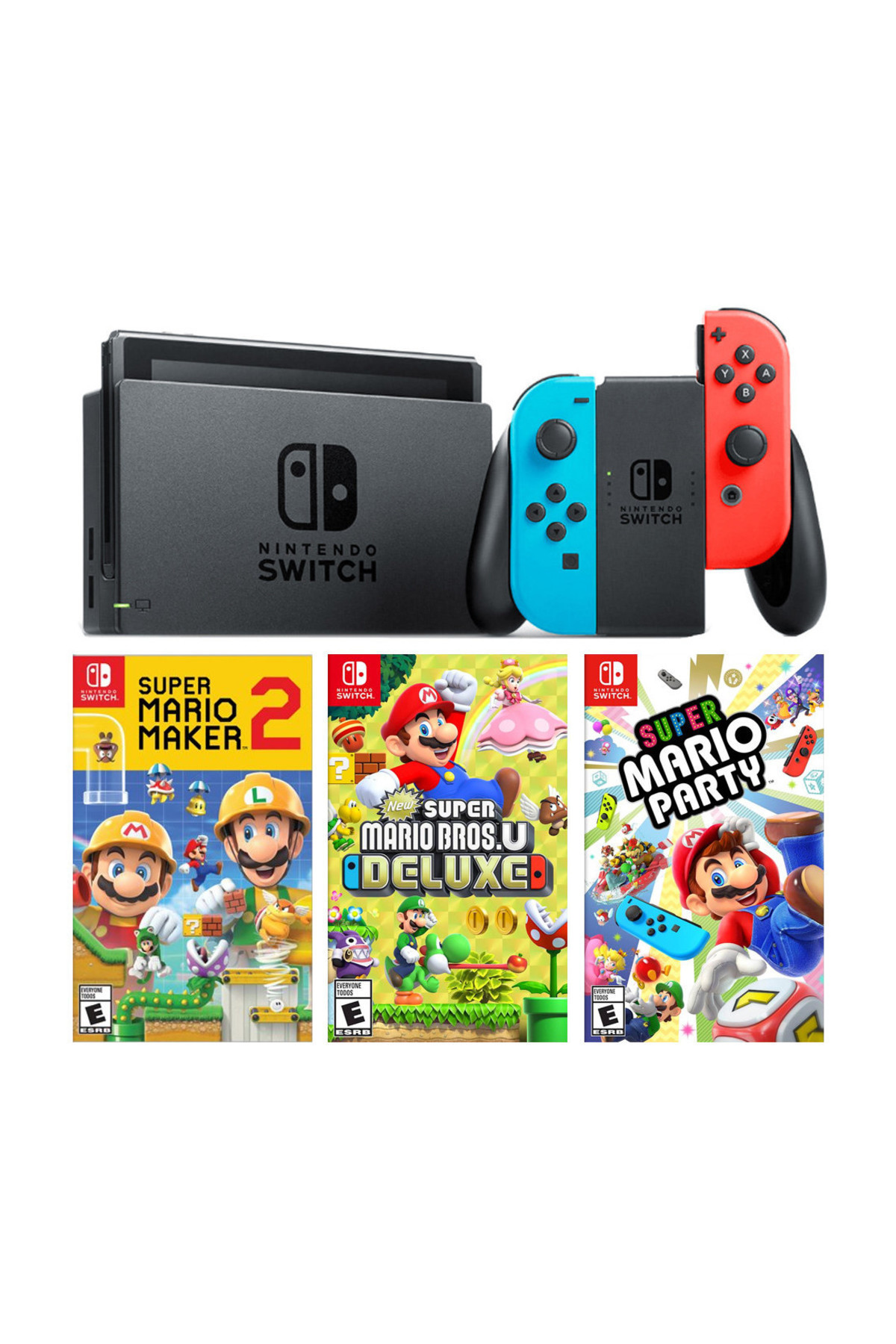 Nintendo Switch Renkli Mavi Kırmızı + Super Mario Maker 2 + Super Marıo ...