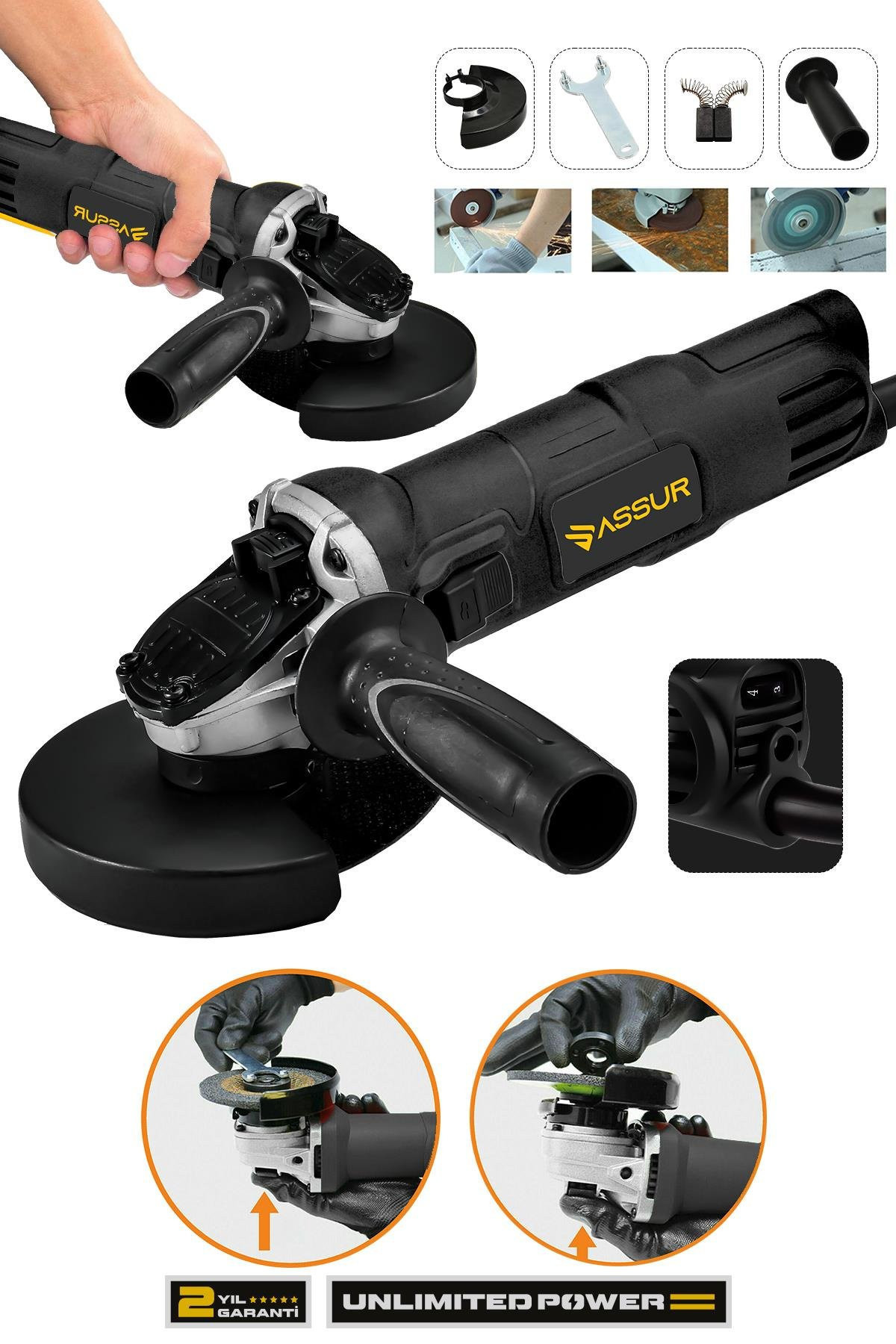 Assur 720W Metal Şanzıman Avuç İçi Taşlama Makinesi 125mm - idefix