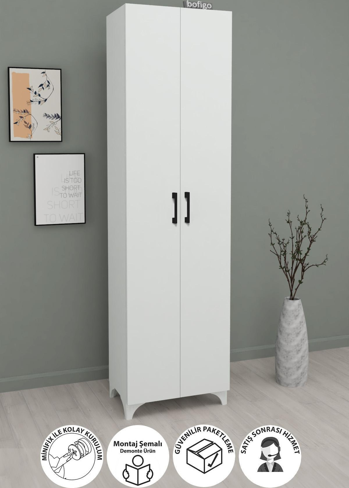 Bofigo 8 Raflı 2 Kapaklı Ayakkabılık Ayakkabı Dolabı Cemre Beyaz - idefix