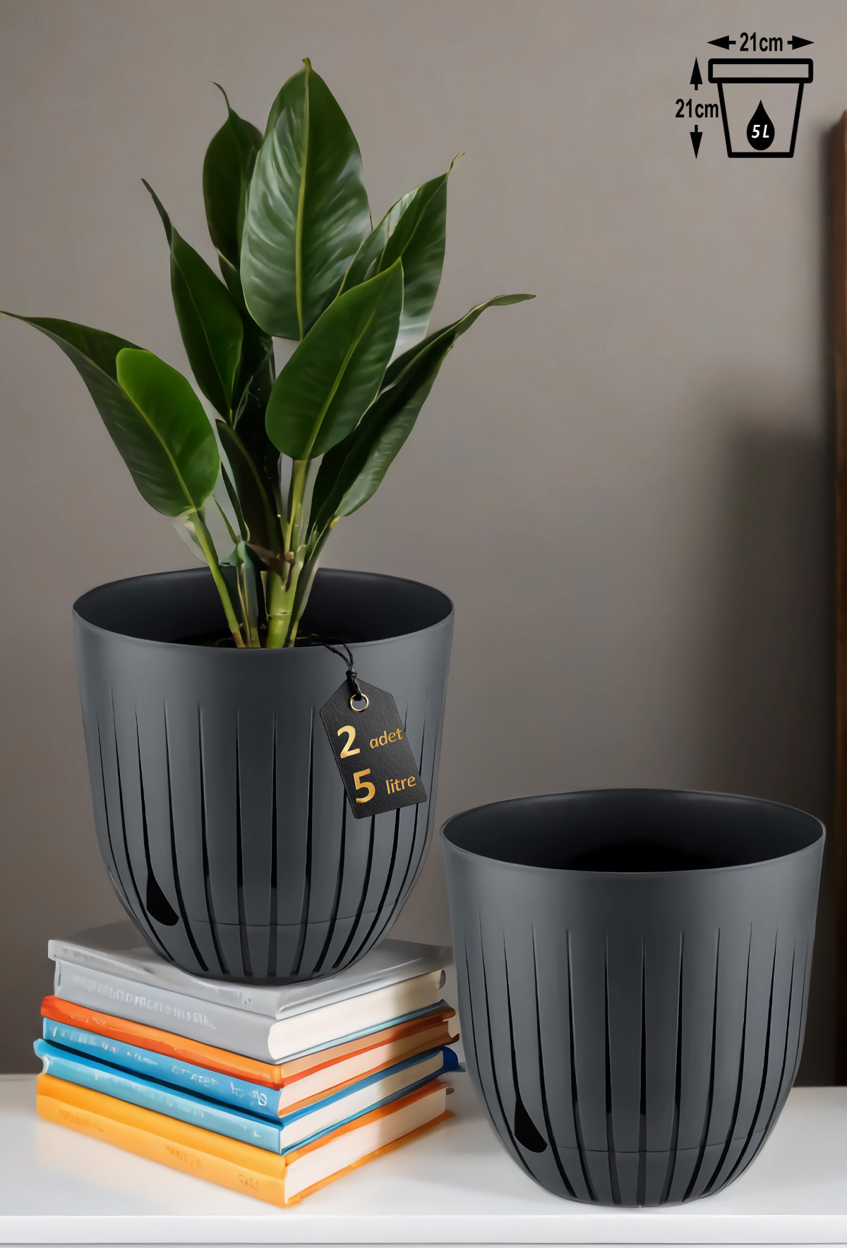 ToXA 2 Adet Çizgi Saksı Seti 5 Litre Plastik Delikli Tabaklı Çiçek ...