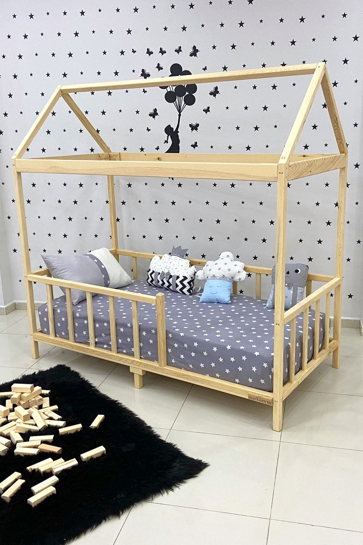 MiniWood Markaawm Montessori Yatak Çatılı Karyola Doğal Çam Eda - idefix