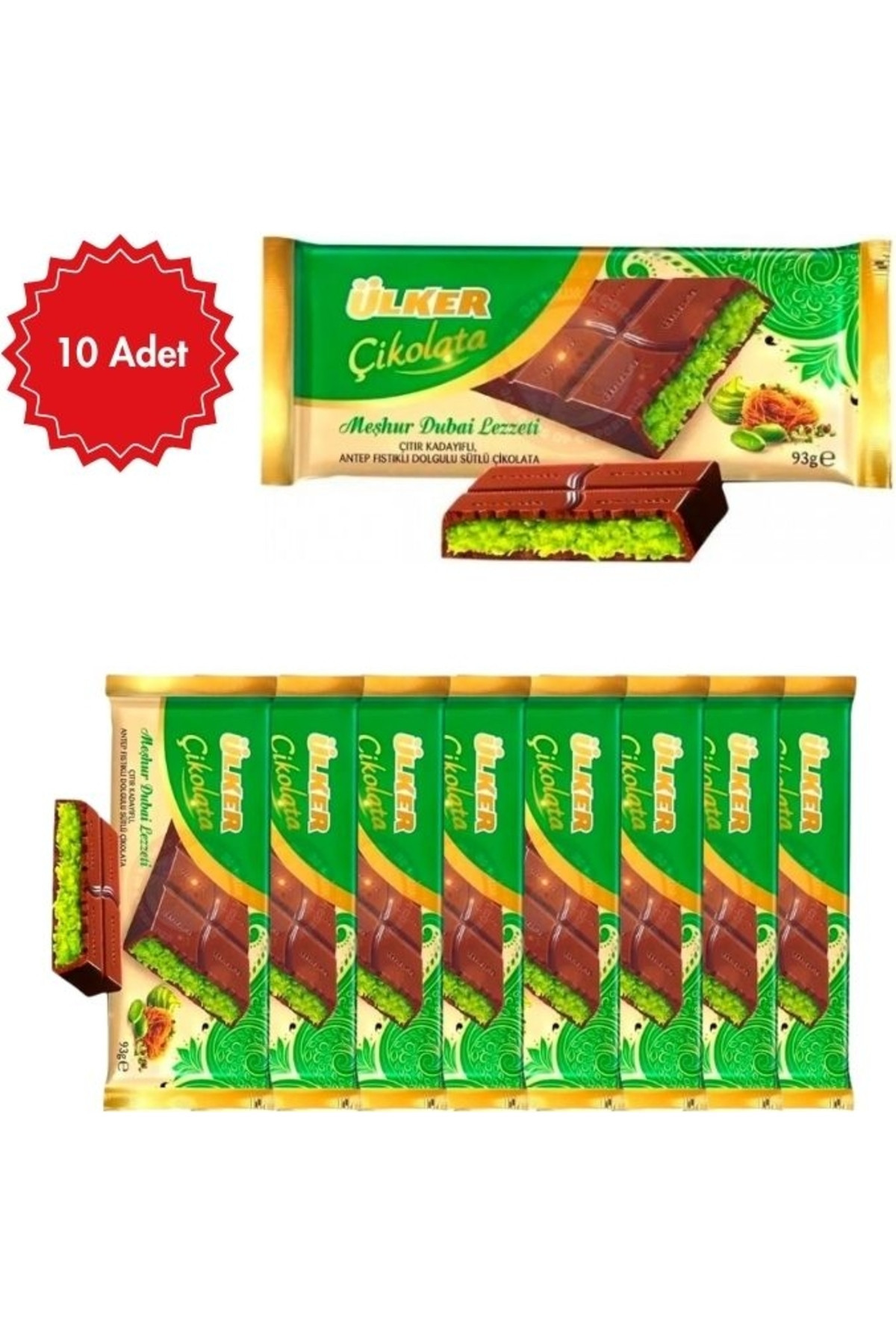 Ülker Dubai Çikolata 93 Gr X 10 Adet | Çıtır Kadayıflı Antep Fıstıklı ...