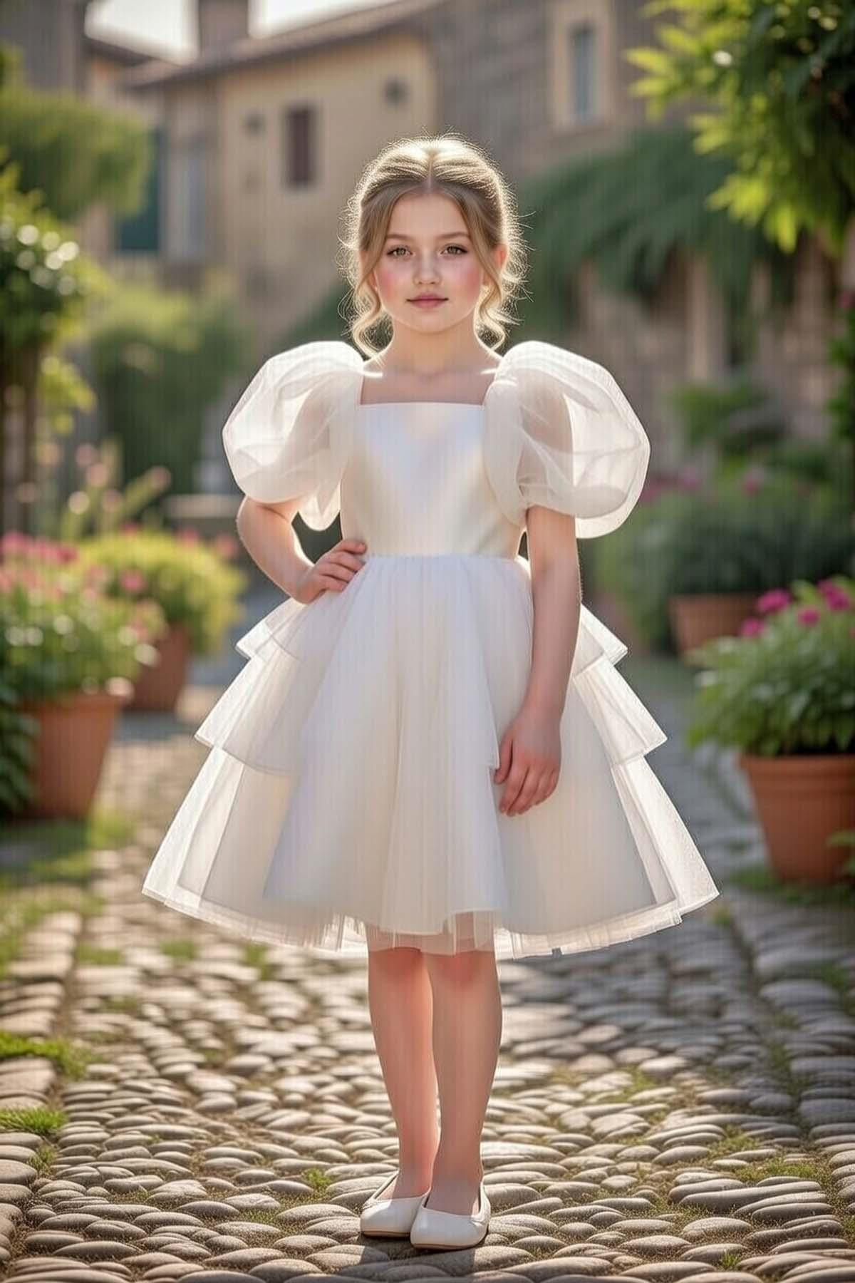 Riccotarz Kız Çocuk Kare Yaka Üzeri Kat Kat Pliseli Balon Kollu Kabarık ...