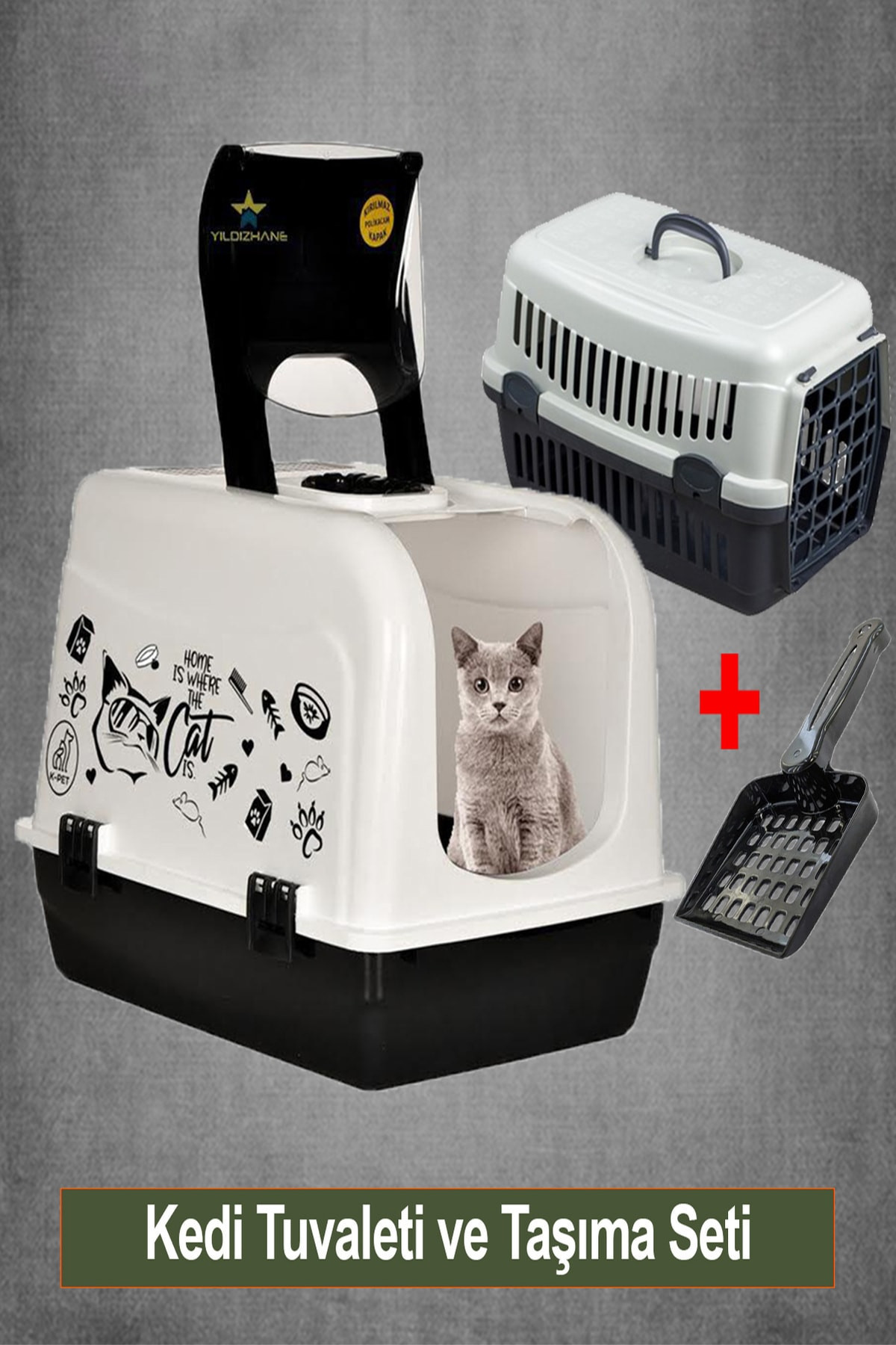 Kapalı Maxi Kedi Tuvalet Kabı Üsten Açılır + Taşıma Kabı Ve Kürek - idefix
