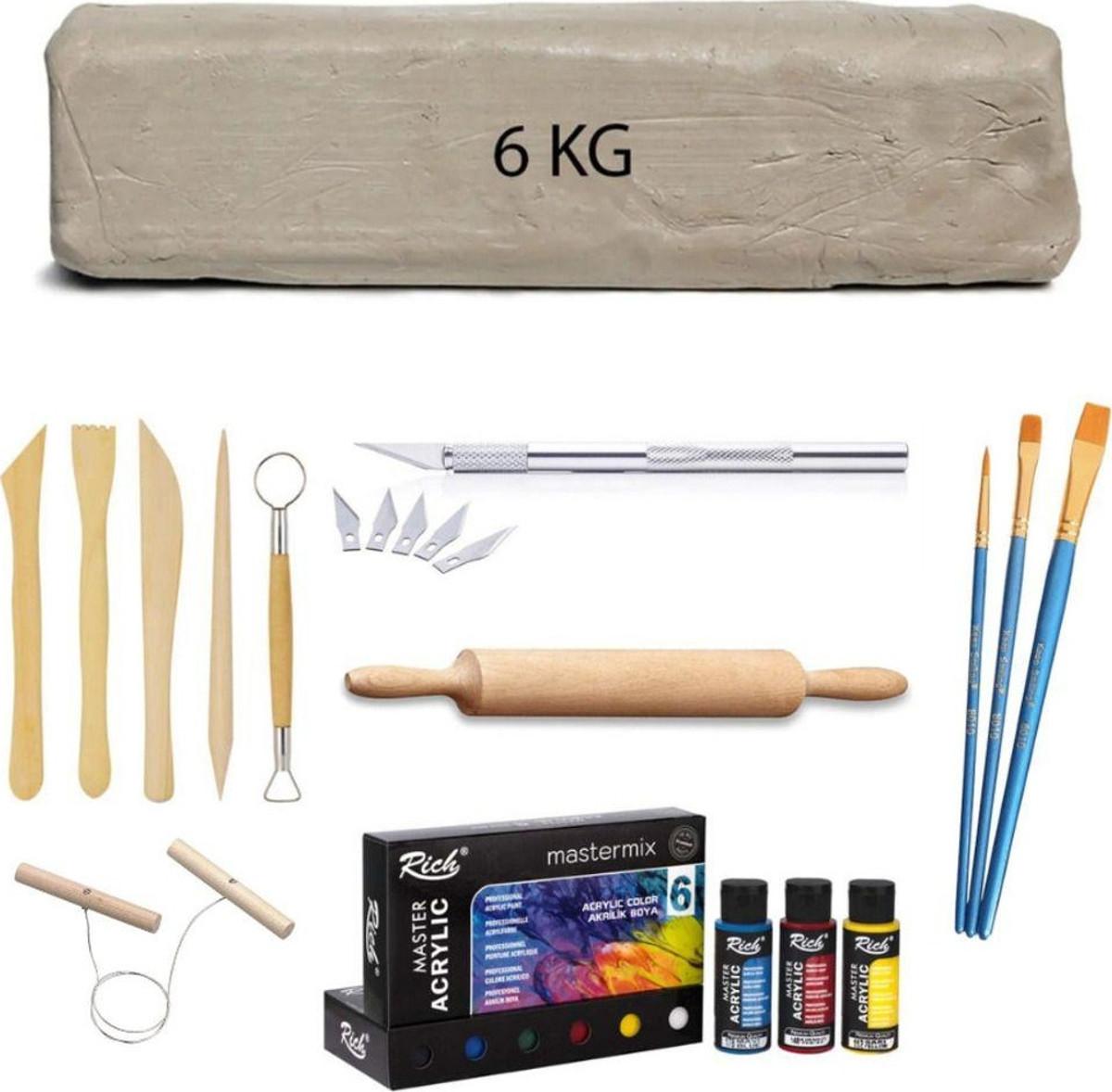 New Art Hobby Seramik Hamuru 6 kg + Rich Mastermix 6'lı + Kil Kesme ...