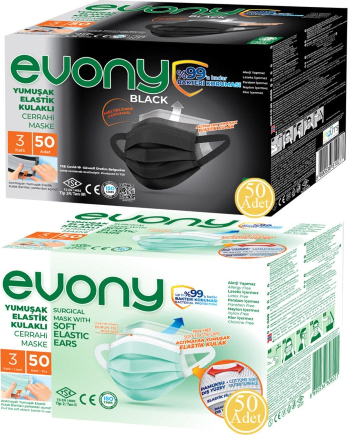 Evony Siyah Elastik Kulaklı Maske 50 Adet + Yeşil Elastik Kulaklı Maske ...