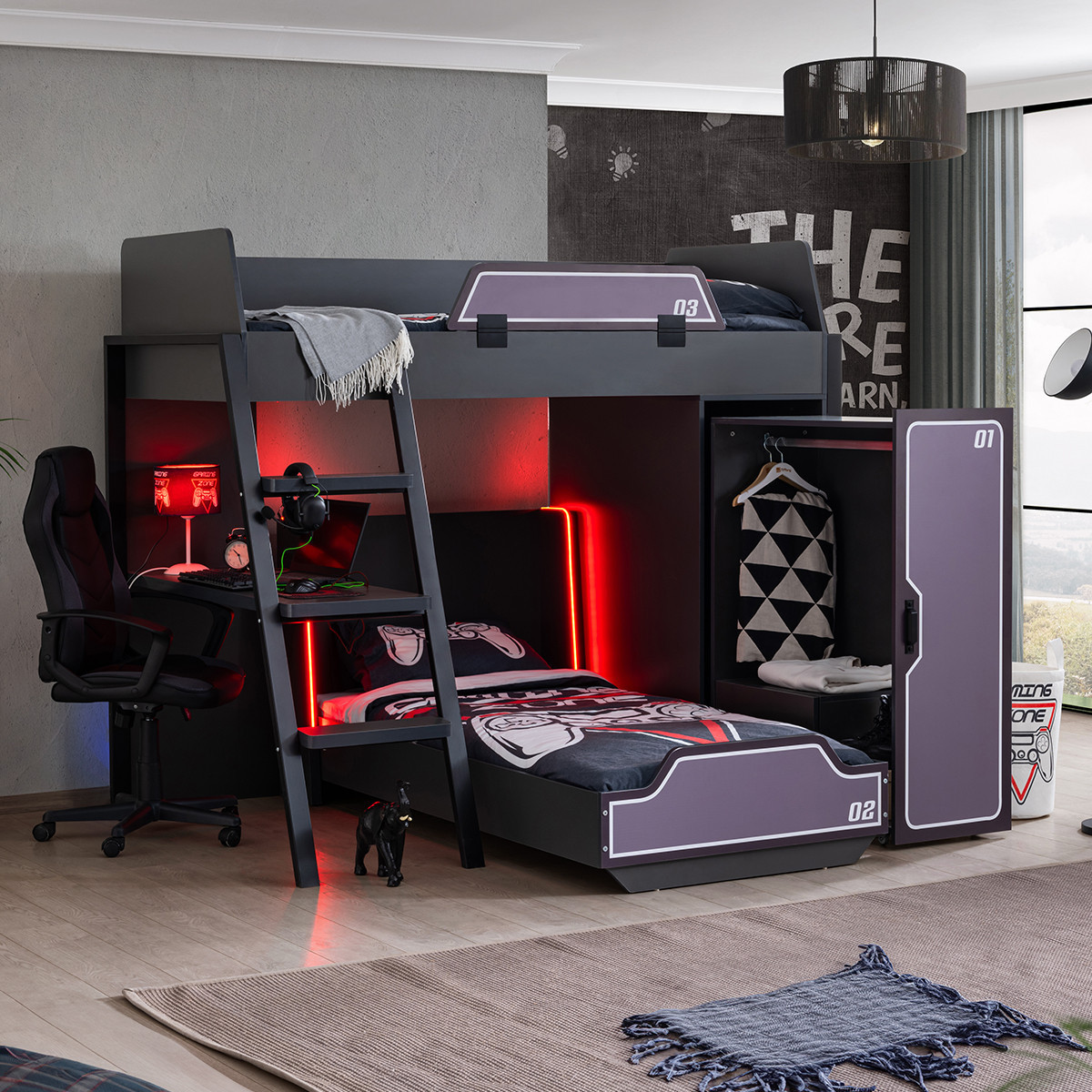 Setay Gamer Ranza Ledli Karyola Masa Çekmeceli Dolap Takımı - idefix