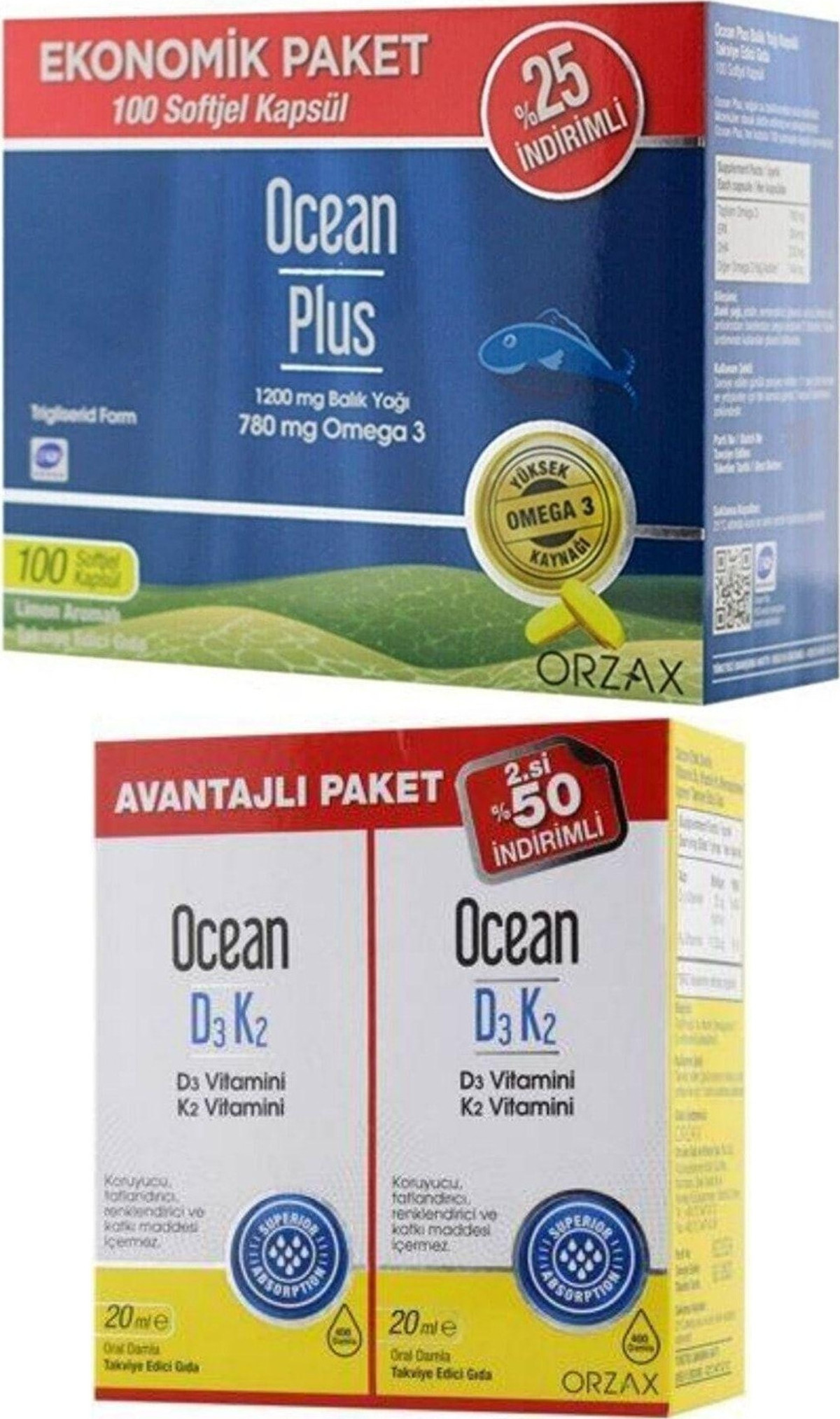 Ocean Plus Omega 3 1200 Mg 100 Kapsül + Ocean Vitamin D3K2 Damla 20 Ml ...