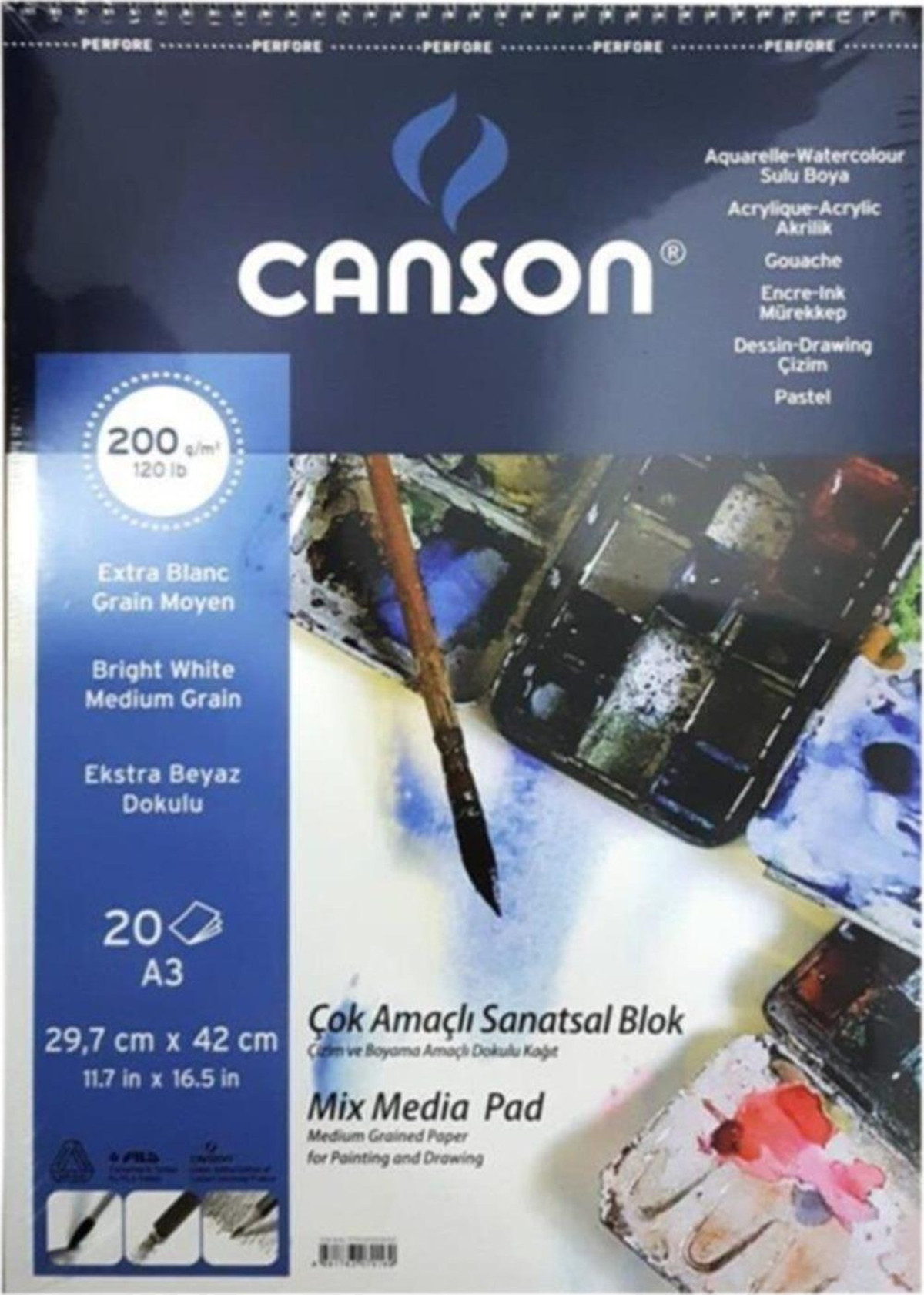 Canson A3 Üsten Spiralli Finface Resim Blok 200 gram 20 Yaprak - idefix