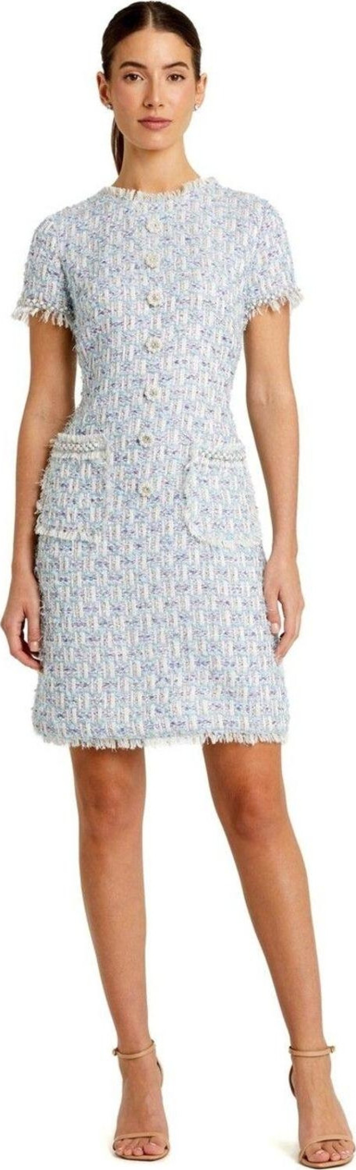 Mac Duggal Kısa Kollu Çiçek Düğme Detaylı Shift Elbise - Bukle Kumaş ...