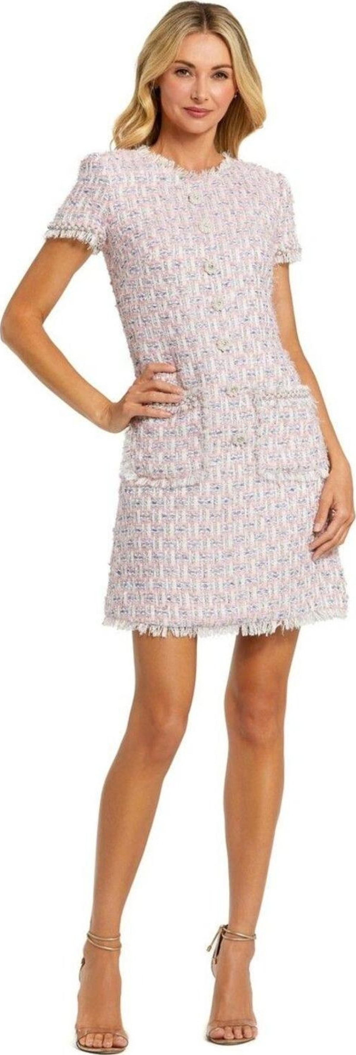 Mac Duggal Kısa Kollu Çiçek Düğme Detaylı Shift Elbise - Bukle Kumaş ...